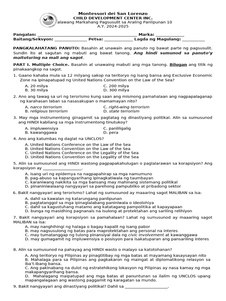 2nd Quarter EXAM - AP 10 - T. Lorraine | PDF