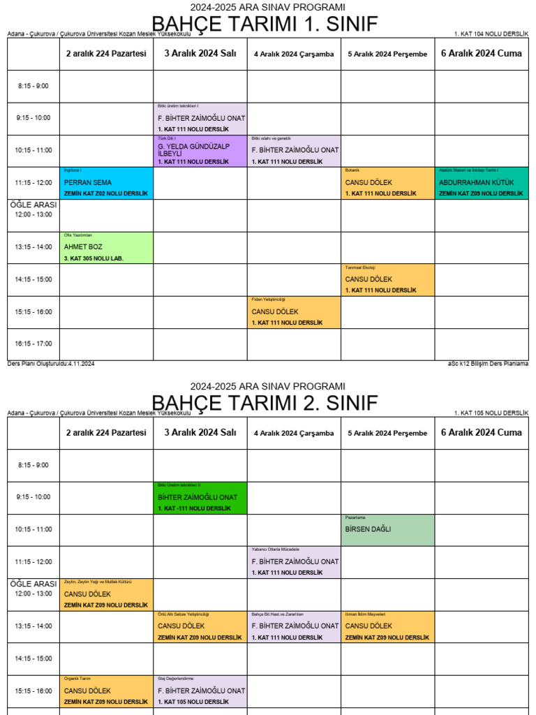 2024-25 GÜZ ARA SINAV PROGRAMI SINIFLAR (1) | PDF