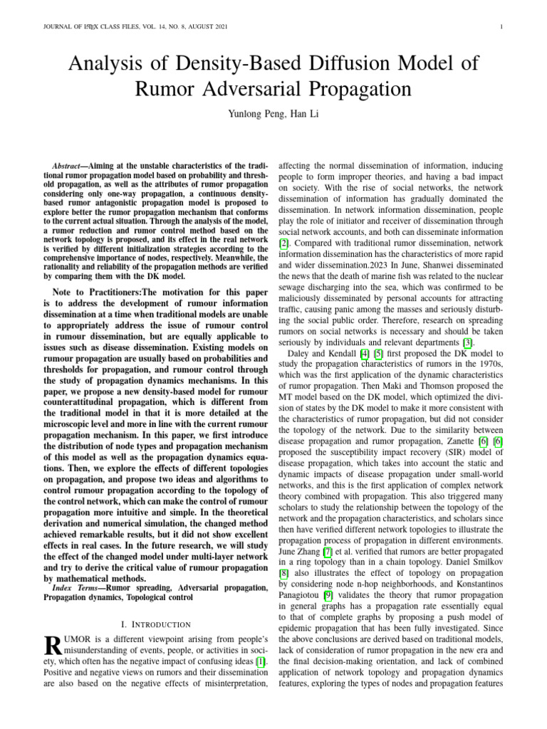 Analysis of Density-Based Diffusion Model of Rumor Adversarial Propagation | PDF | Network Topology