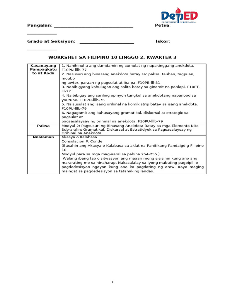 worksheets-fil-10-week-2-3rd | PDF