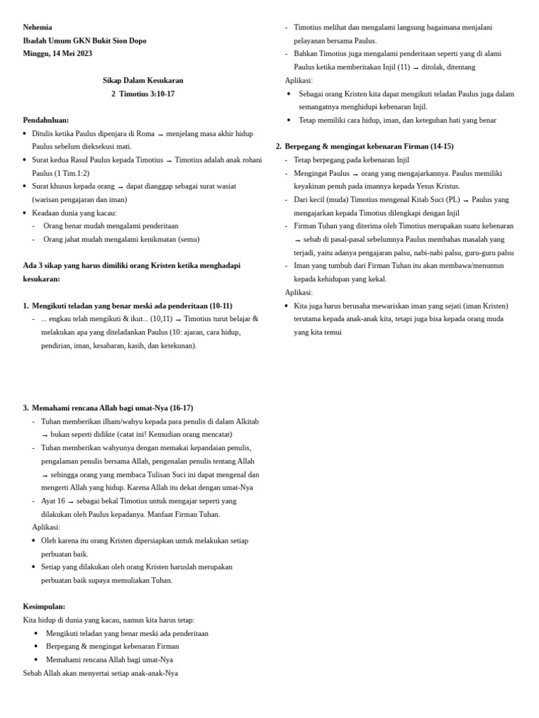 TAFSIR SURAT PAULUS - (Tugas) Sikap Dalam Kesukaran 2 Timotius 3 10-17 | PDF