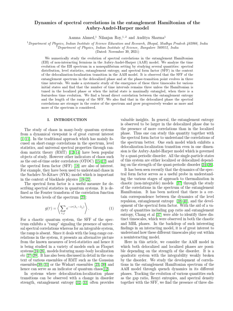 Spectral Correlations in AAH Model | PDF | Quantum Entanglement ...