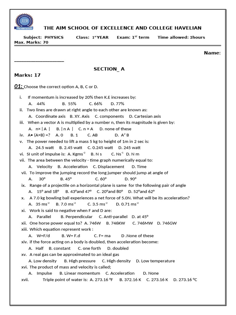 Physics Exam Paper for 1st Year Students | PDF | Velocity | Momentum
