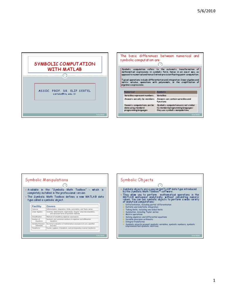 Symbolic Computation With Matlab: Symbolic Manipulations Symbolic Objects | PDF | Polynomial ...