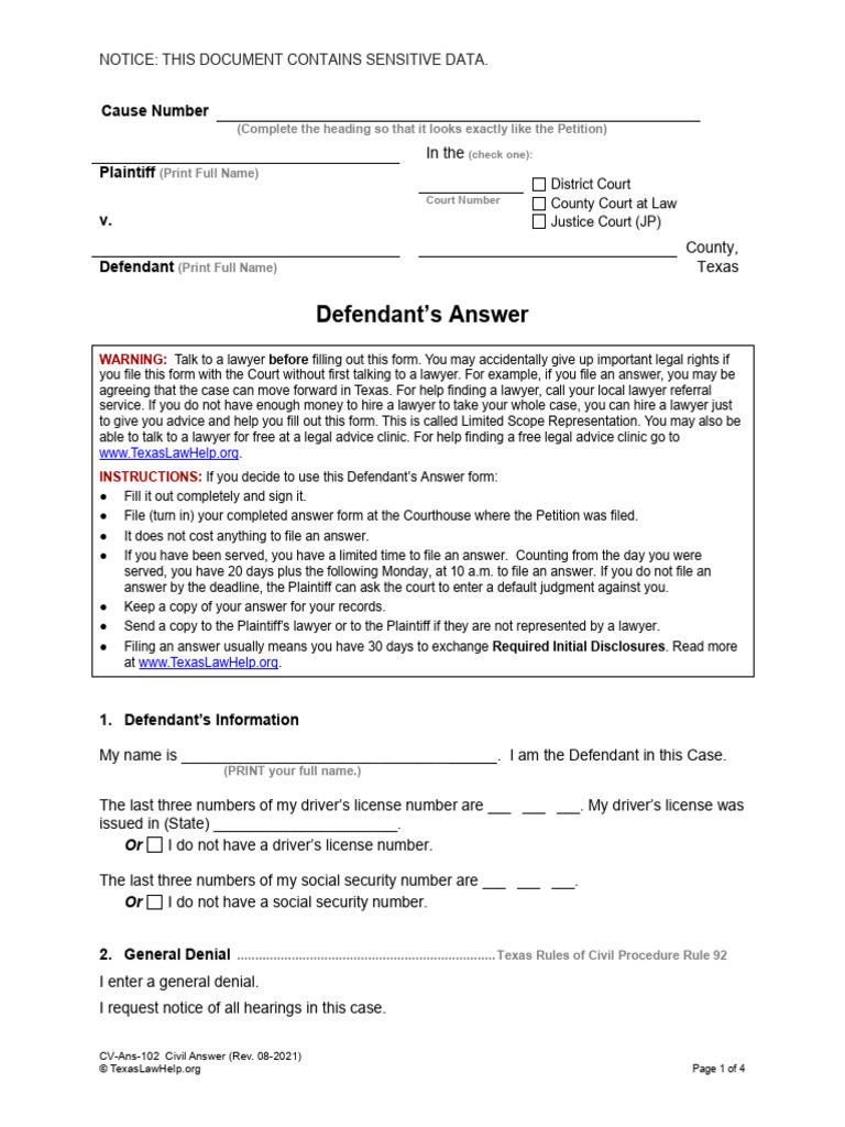 Texas Defendant's Answer Template | PDF | Lawsuit | Affirmative Defense