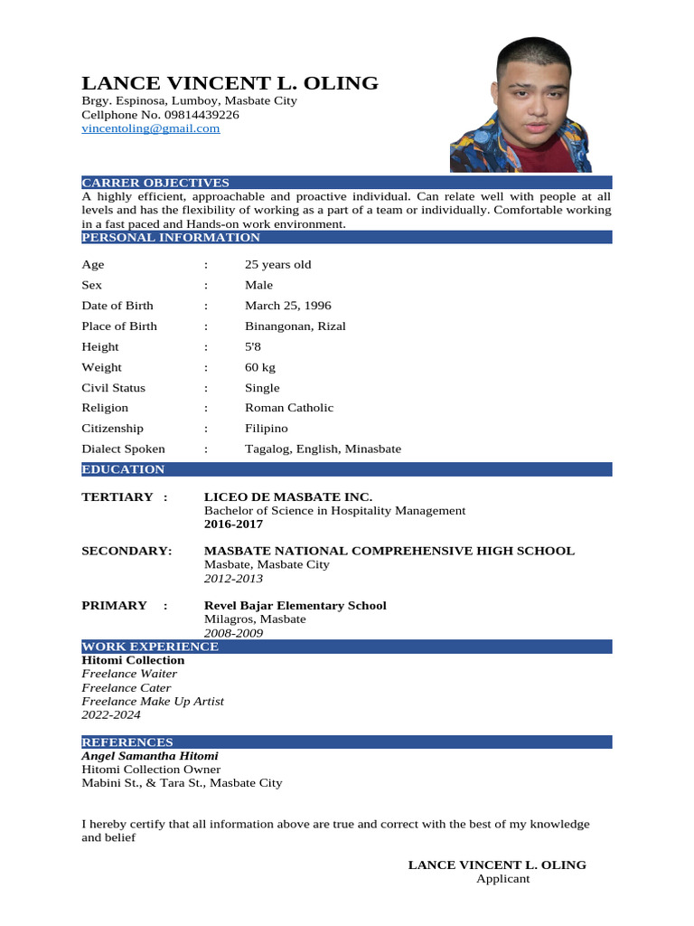 Lance Vincent Oling Resume | PDF