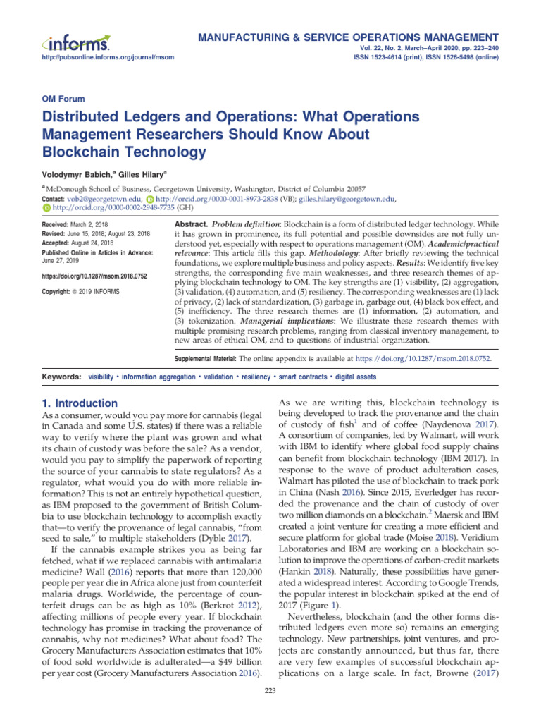 INFORMS Paper On Blockchain Technology | PDF | Supply Chain | Computing