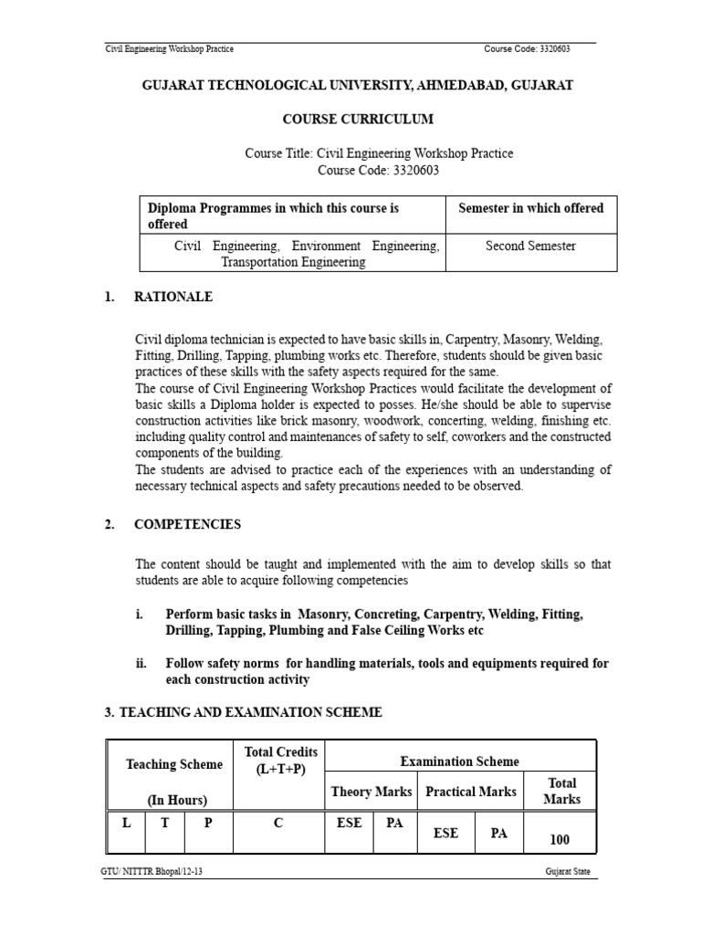 Civil Engineering Workshop Practice 3320603: Course Code | PDF | Pipe (Fluid Conveyance) | Welding