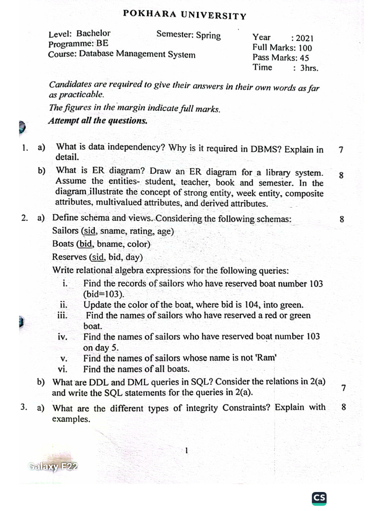 DBMS Past year paper | PDF