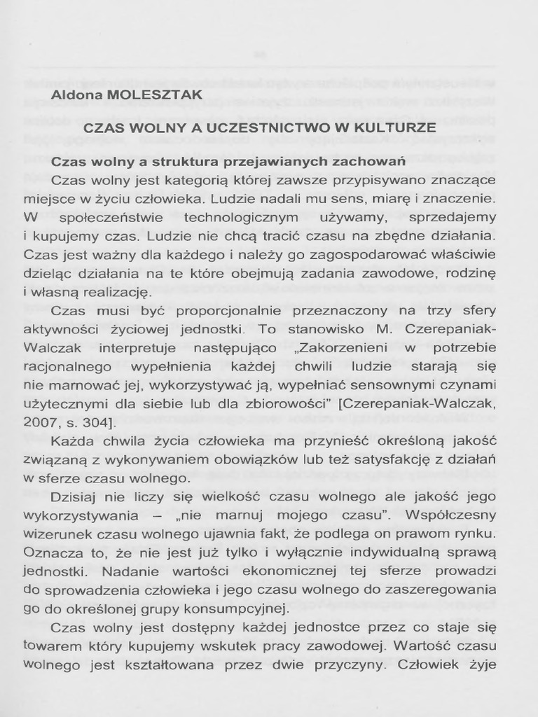 Czas Wolny A Uczestnictwo W Kulturze | PDF