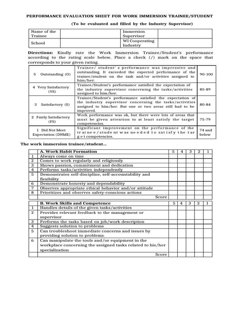 Performance Evaluation Sheet For Work Immersion TR | PDF | Disciplines | Social Psychology