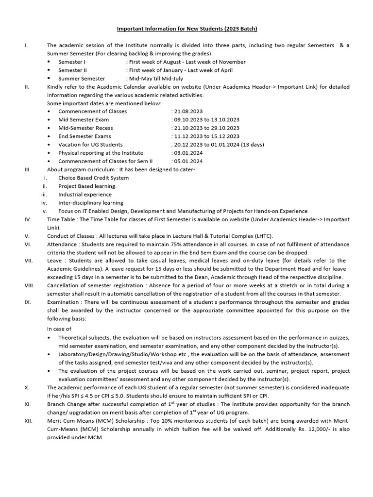 Important Information For New Students (2023 Batch) | PDF | Academic Term