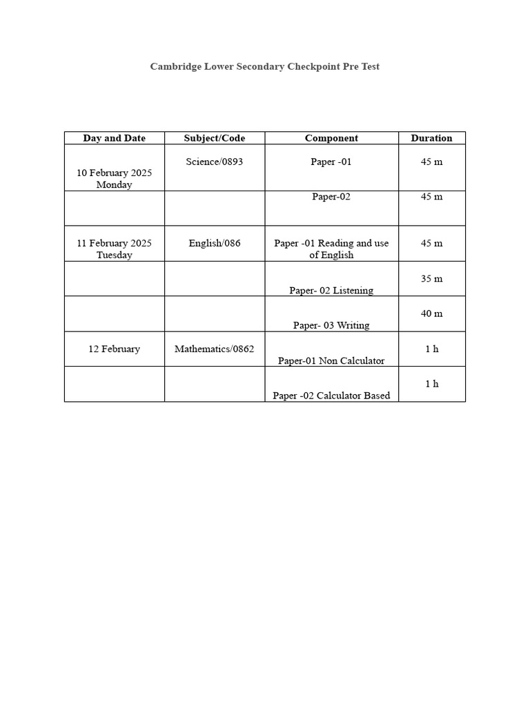 Cambridge Lower Secondary Checkpoint Schedule | PDF