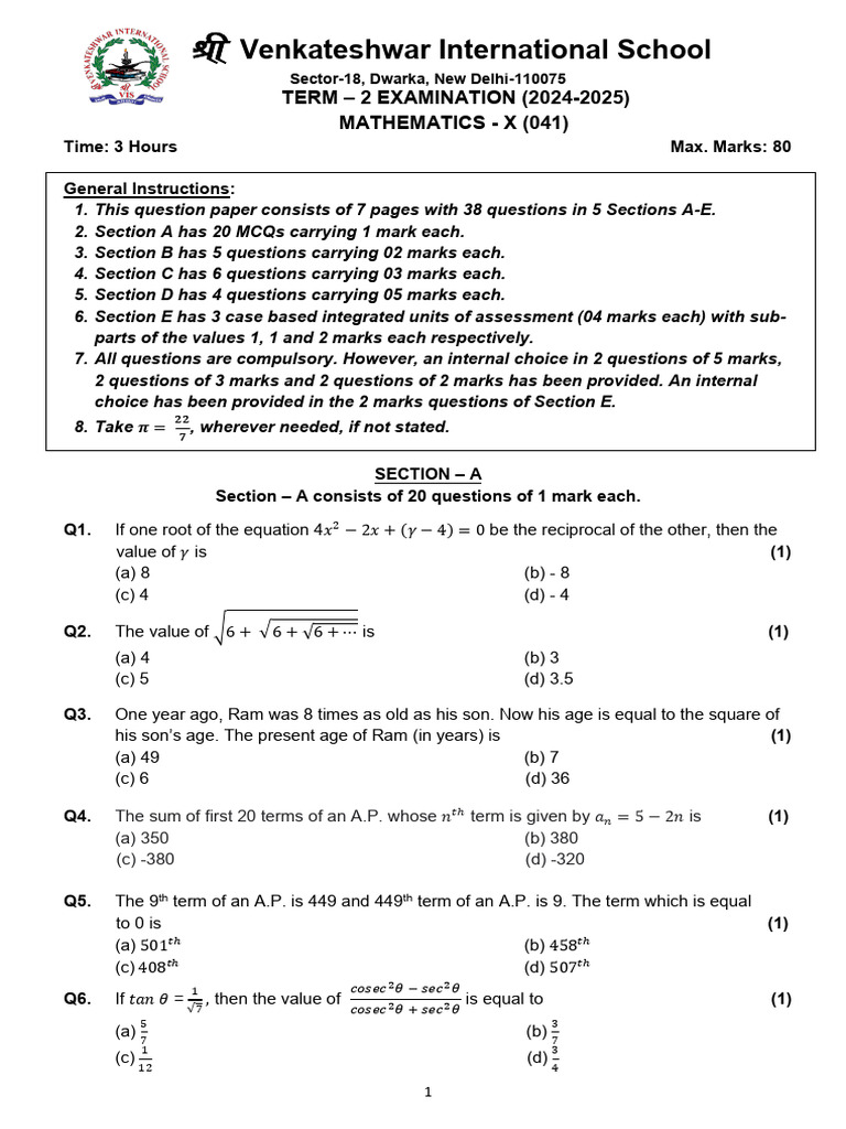 Ut-2 Mathematics X Paper 2024-25 | PDF | Area | Circle