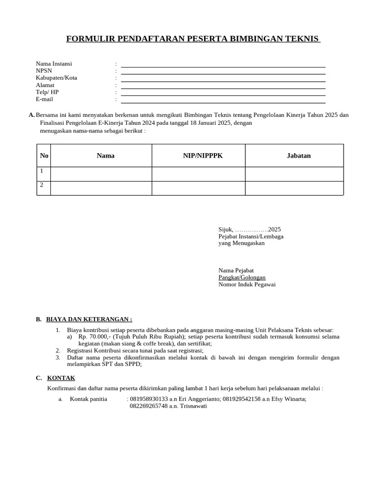 Formulir Pendaftaran Peserta Bimtek Pengelolaan Kinerja | PDF