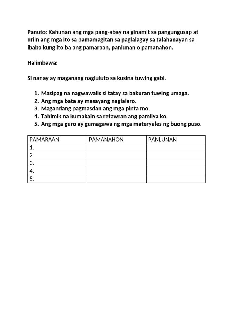 Pang Abay Worksheet | PDF
