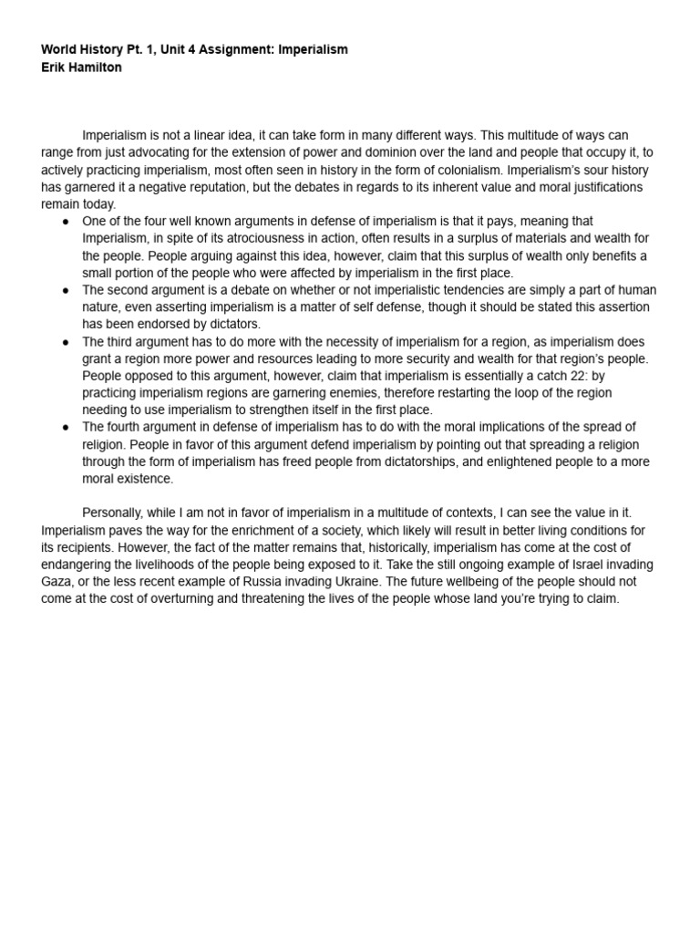World History Pt. 1, Unit 4 Assignment - Imperialism | PDF ...