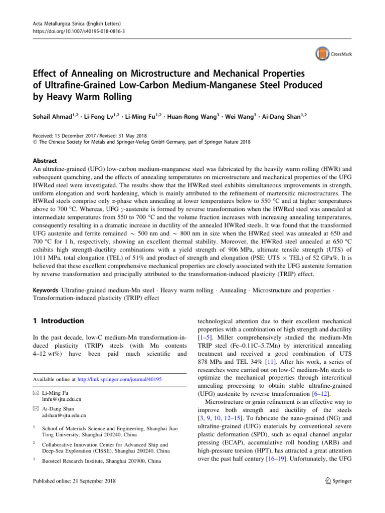Effect of Annealing on Microstructure and Mechanical Properties of Ultrafine-Grained Low-Carbon ...