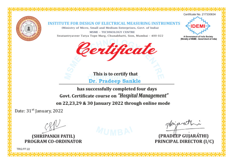 Certificate Course On Hospital Management | PDF