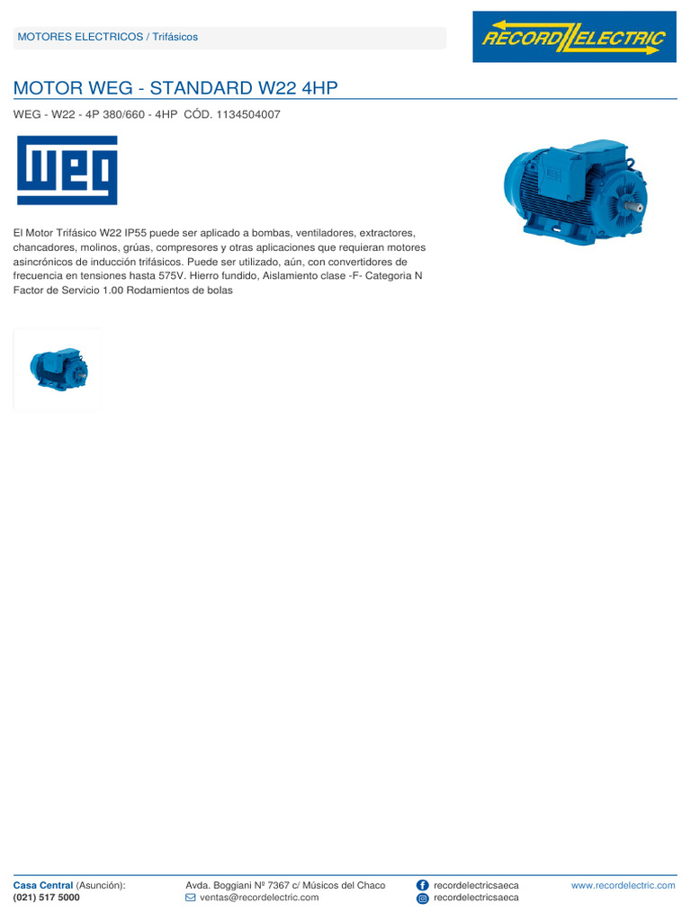 Motor Trifásico WEG W22 4HP IP55 | PDF