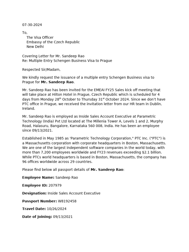 Schengen Visa Request for Sandeep Rao | PDF