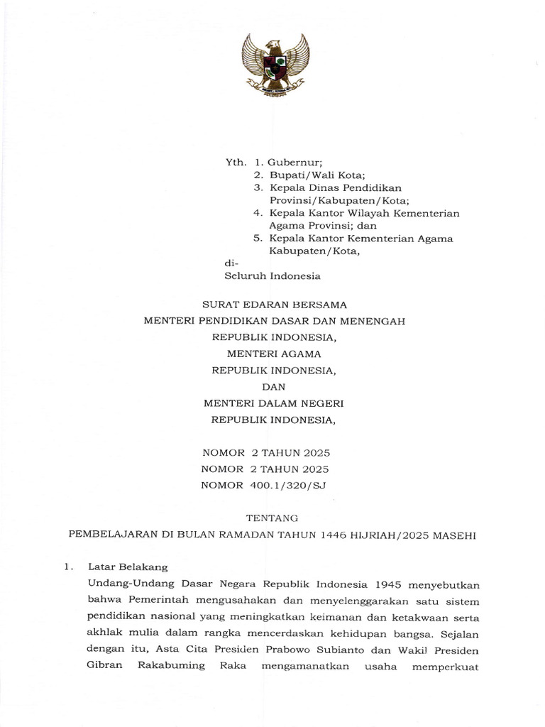 Surat Edaran Nomor 2 Tahun 2025, Nomor 2 Tahun 2025, Dan Nomor 400.1/320/SJ | PDF