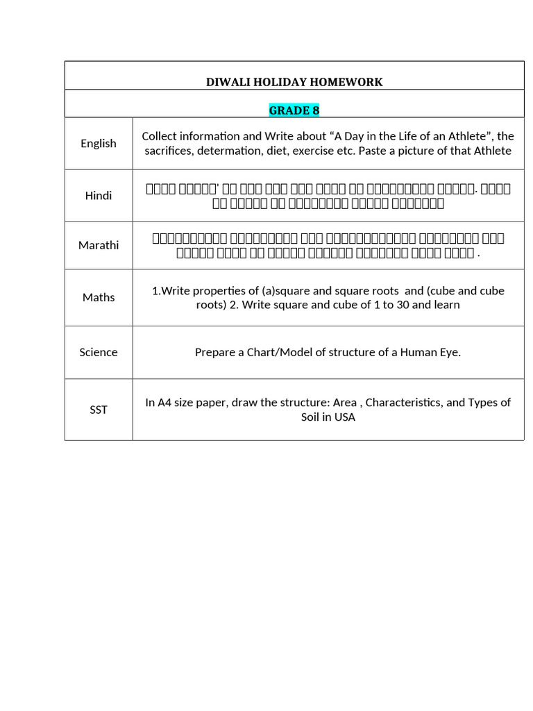 Grade 8 Diwali Homework | PDF