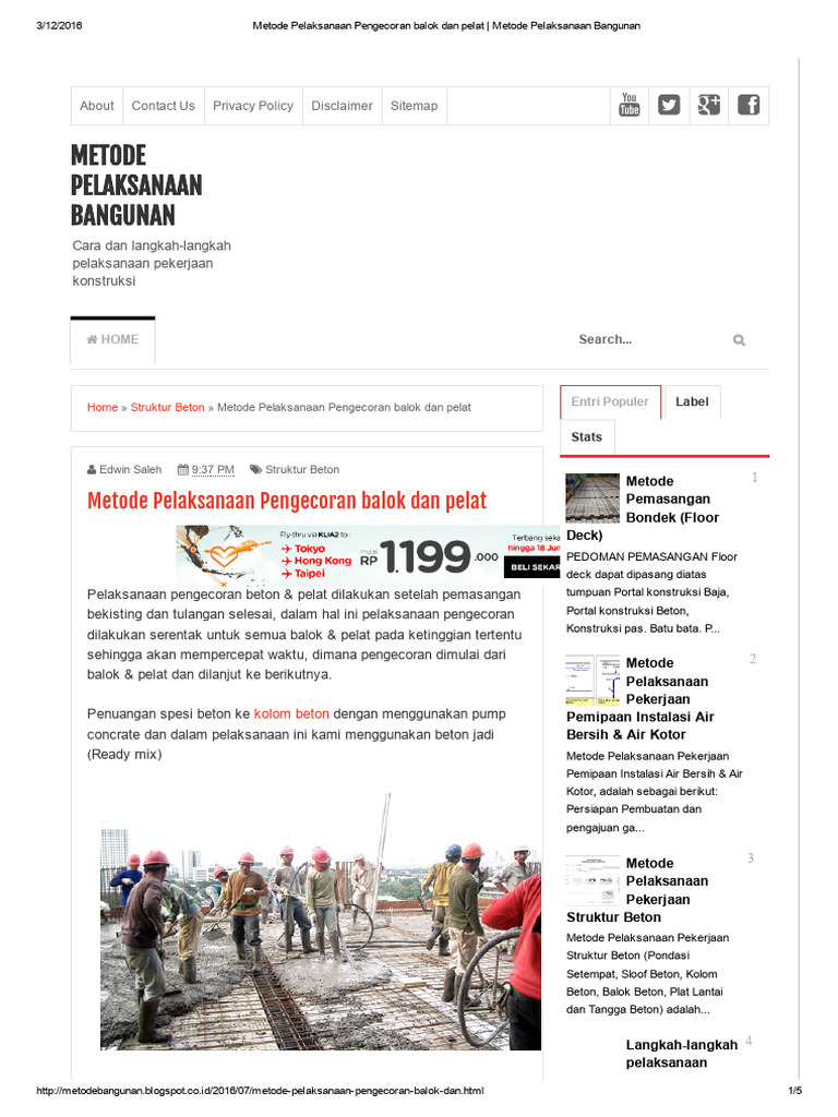 Metode Pelaksanaan Pengecoran Balok Dan Pelat | PDF