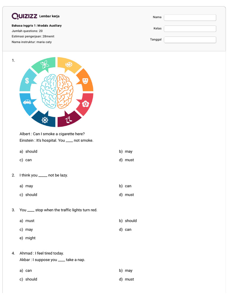 English Modals Worksheet: 20 Questions | PDF | Grammar | Semantics
