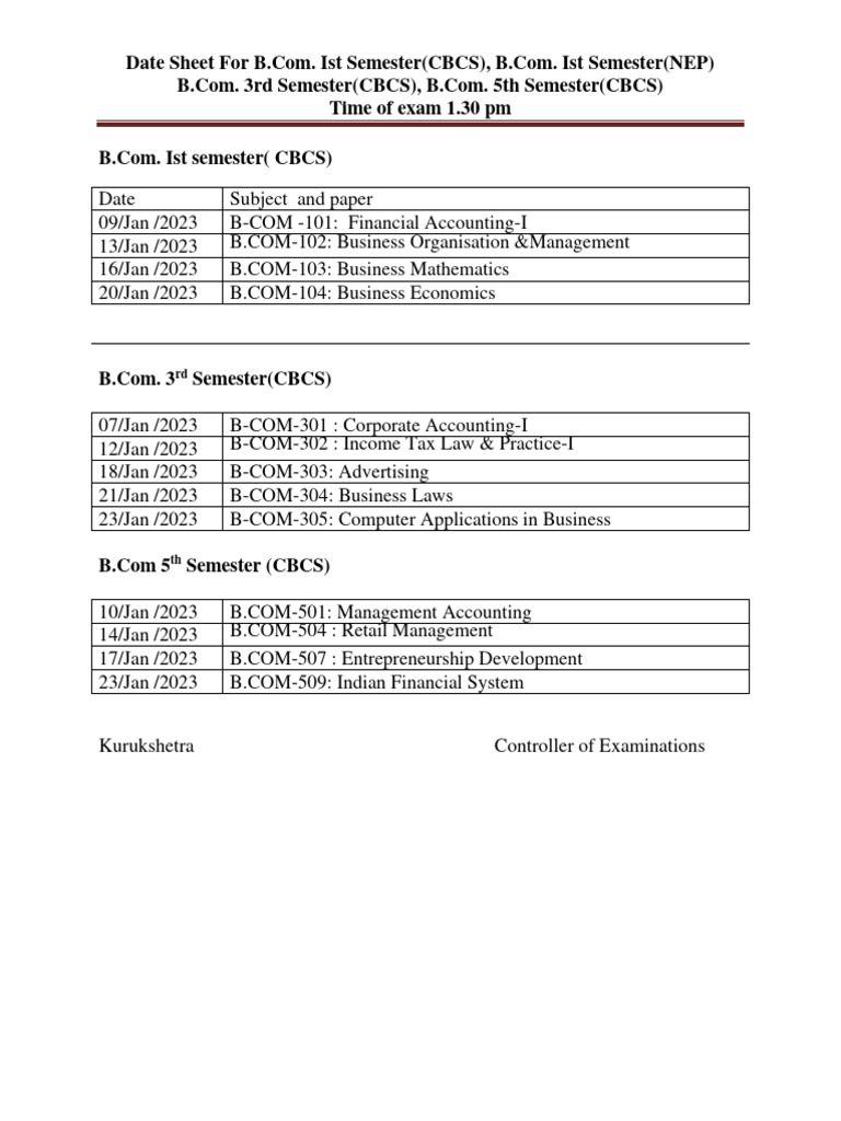 101 Date Sheet B.com I III V Sem For IIHS Candidates | PDF