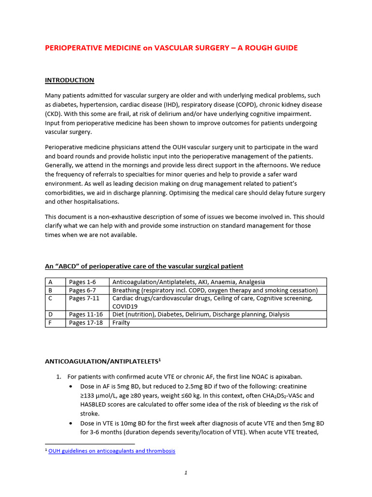Periop Med On Vascular Surgery - Rough Guide v1 | PDF | Aspirin | Stroke