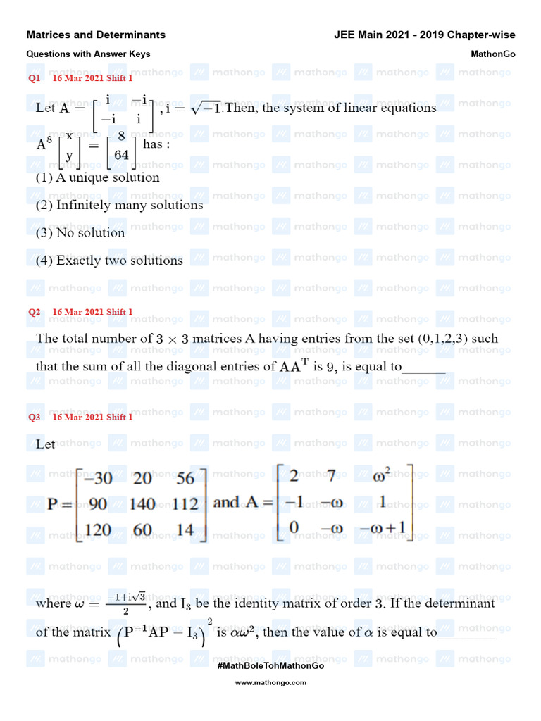 Matrices and Determinants - JEE Main 2021 - 2019 Chapter-Wise | PDF | Determinant | Mathematics ...