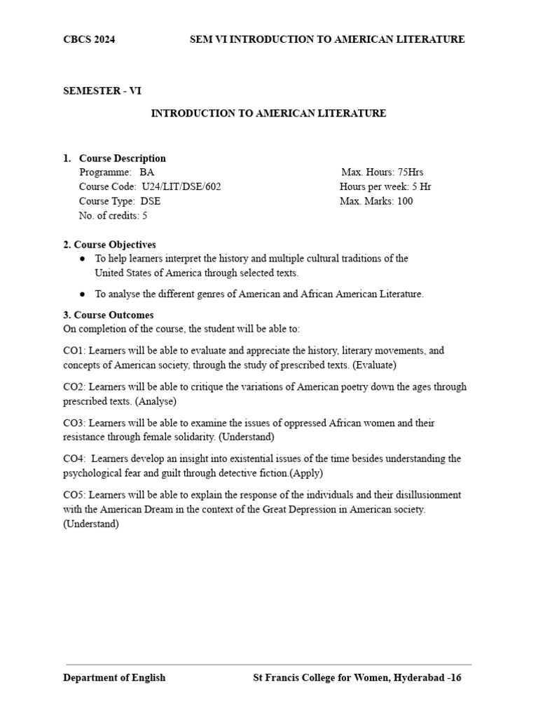 Semester - Vi Introduction To American Literature - 2024 | PDF ...