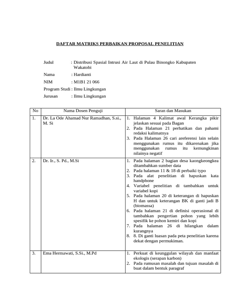 Daftar Matriks Perbaikan Proposal Penelitian | PDF
