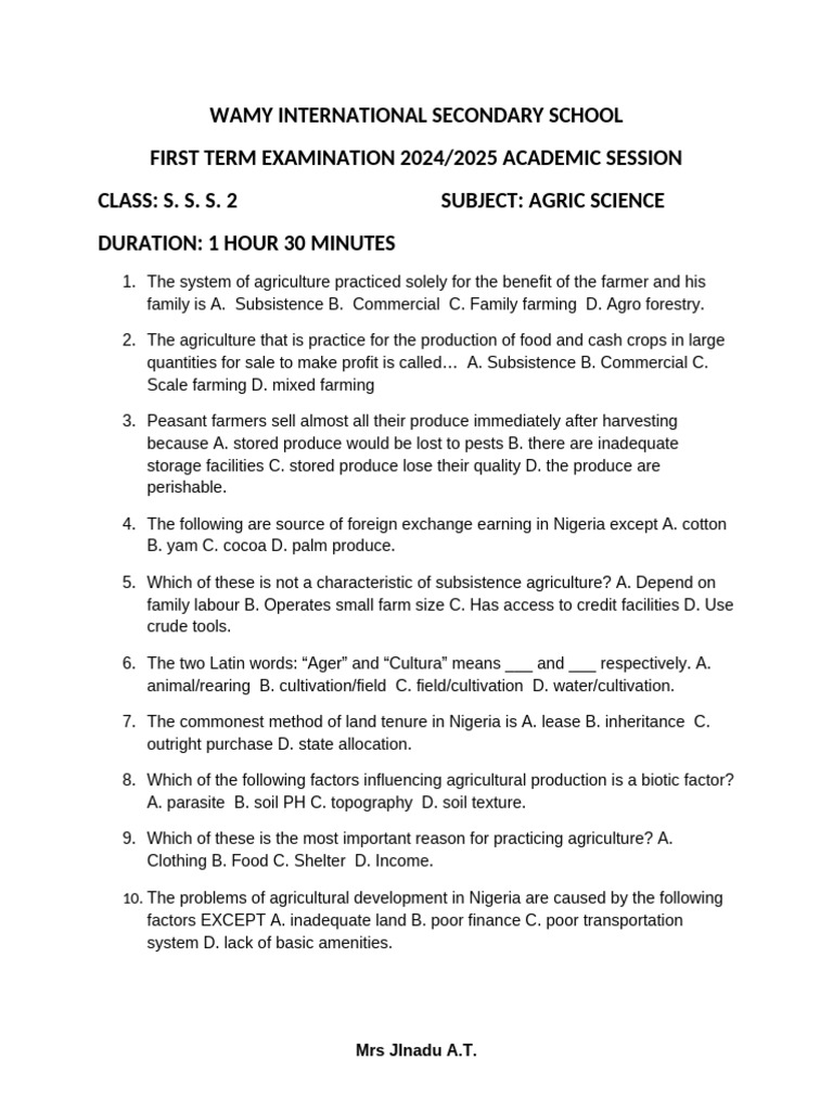 First Term 2024.25 Agric Exam - 020112 | PDF | Agriculture | Soil