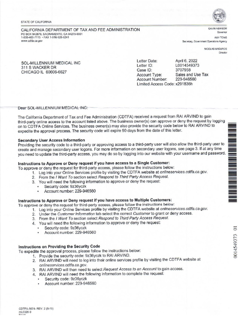 California Letter Regarding Sales & Use Tax Registration | PDF