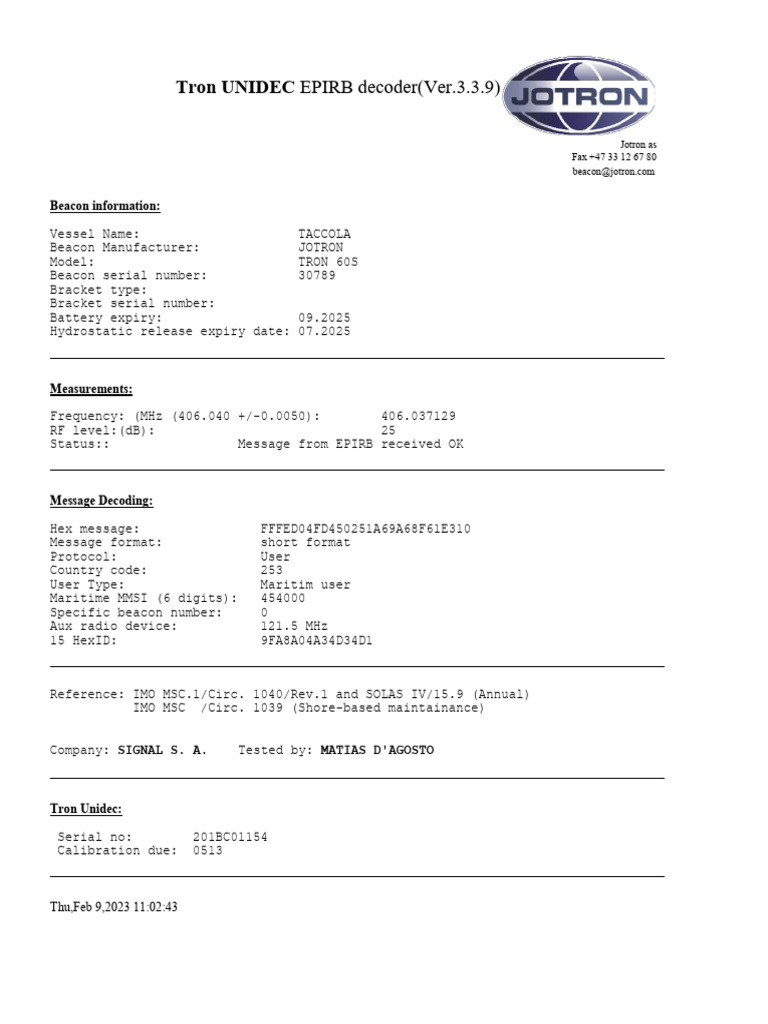Jotron EPIRB Decoder Overview | PDF