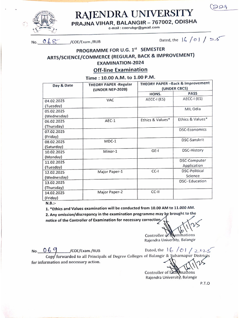 UG 1st Semester Regular and Back Examination Programme -2024_1 | PDF