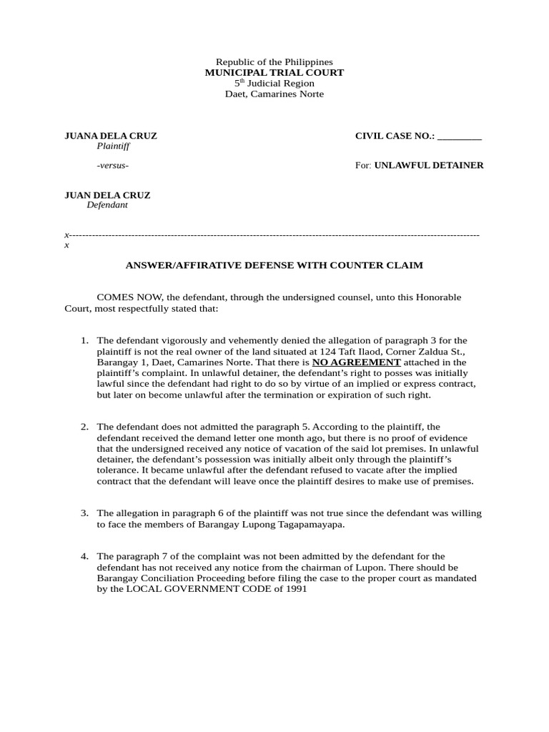 Unlawful Detainer Case Response Template | PDF | Lawsuit | Legal Concepts