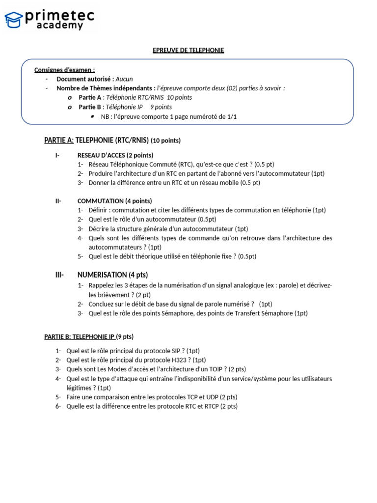 Epreuve 1 - Telephonie RTC RNIS ToIP | PDF | Réseau téléphonique ...