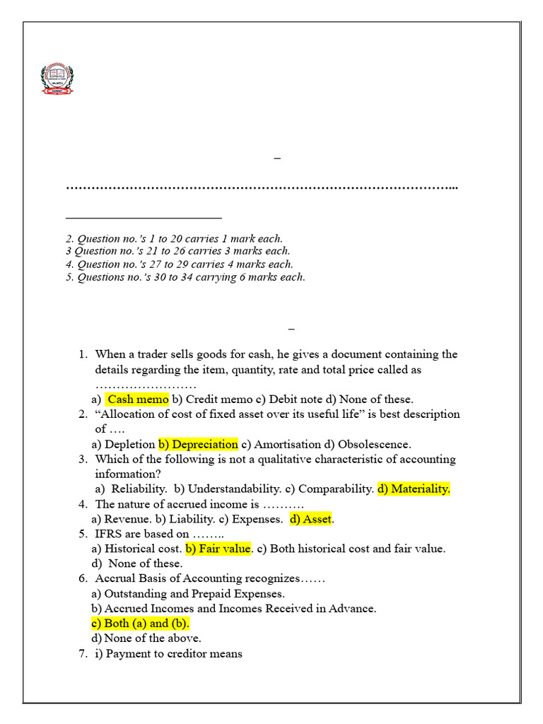 Set -1 Paper Answer Key | PDF | Debits And Credits | Bad Debt
