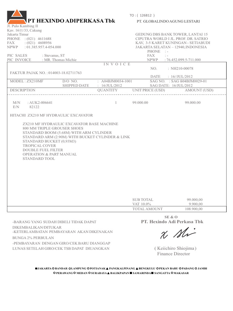 Invoice Excavator ZX210MF Jakarta | PDF
