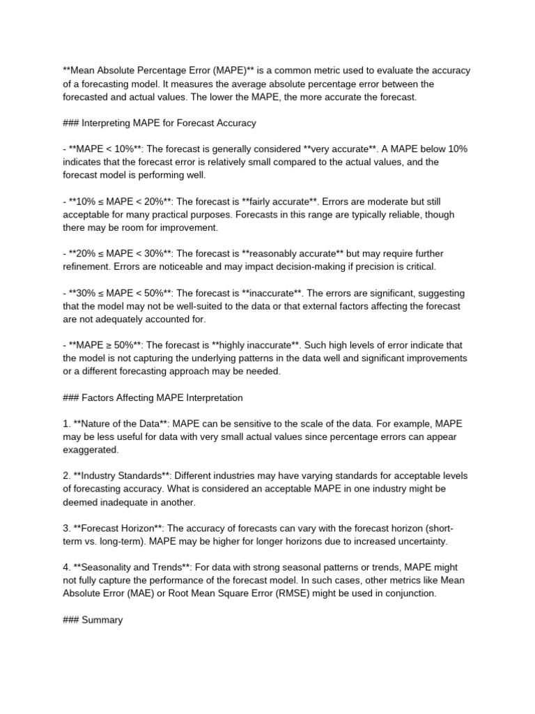 Mean Absolute Percentage Error (MAPE) - Is A Common Metric Used To ...