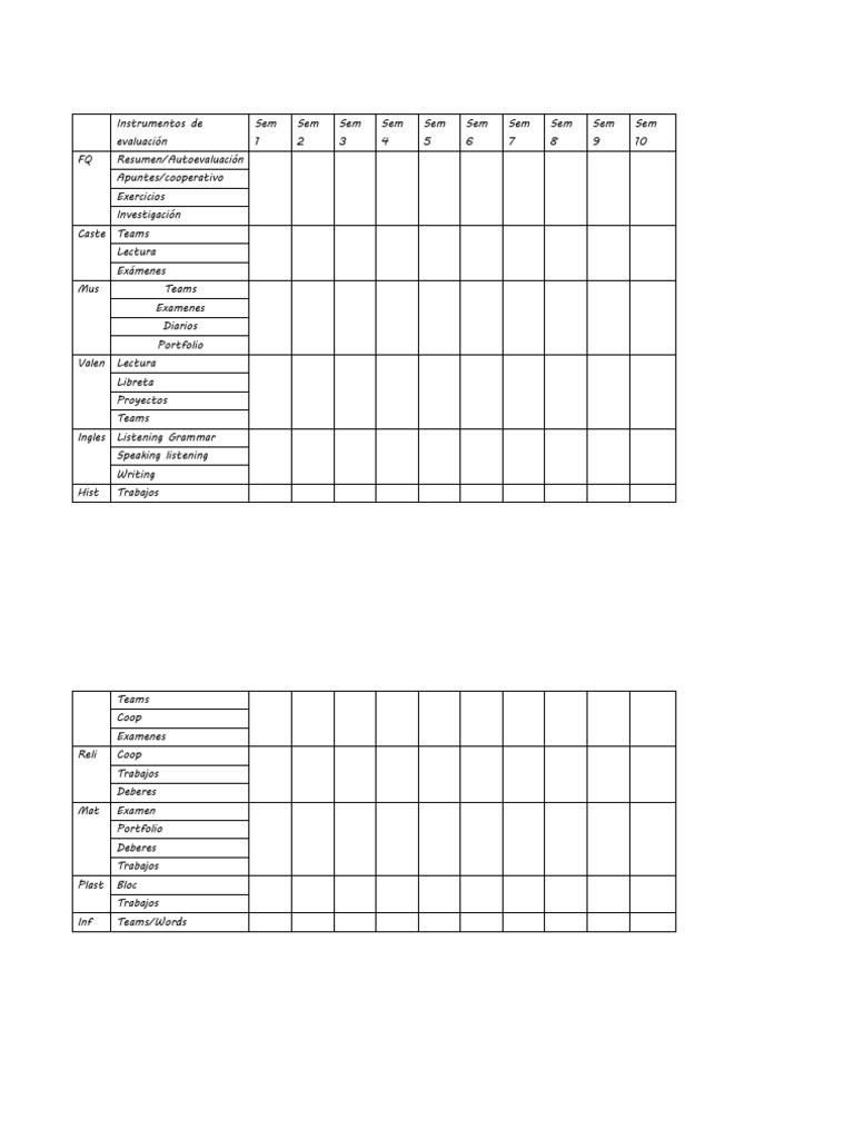 Tabla Pra Imprimir Asignaturas | PDF
