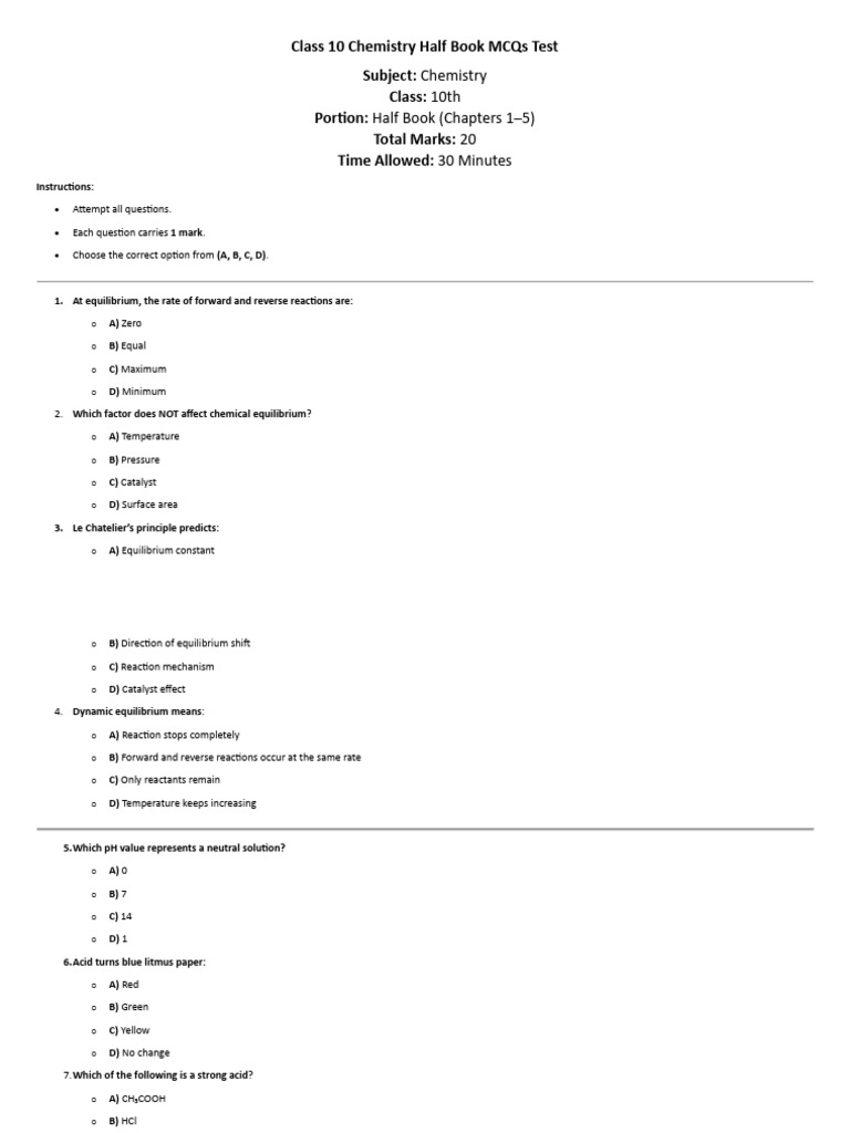 Class 10 Chemistry MCQs Test | PDF | Chemical Equilibrium | Chemical ...