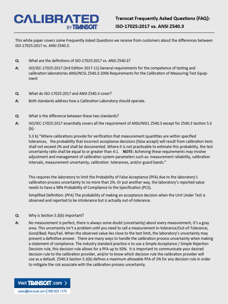 ANSI-Z540-vs-17025 | PDF | Calibration | Reliability Engineering