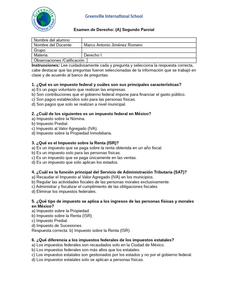 Examen de Derecho 1 | PDF | Impuestos | Impuesto sobre la renta