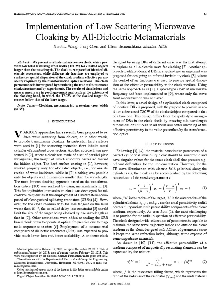 Implementation of Low Scattering Microwave Cloaking by All-Dielectric ...