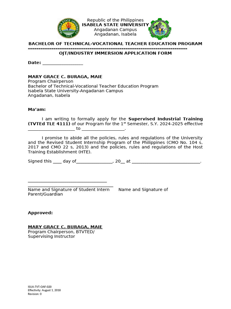 2024 BTVTEd Application Form For OJT | PDF