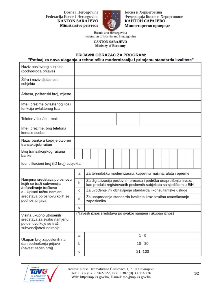 2.1 Prijavni Obrazac Za Program Poticaj Za Nova Ulaganja | PDF